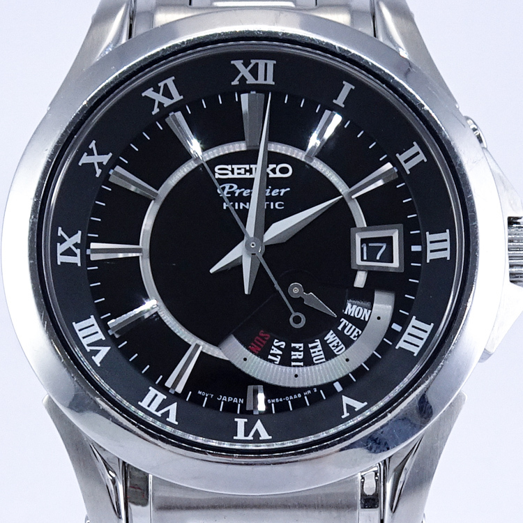 1円 セイコー SEIKO キネティック メンズ 腕時計 ウォッチ 5M54-0AA0 オートクォーツ SS ブラック 黒文字盤 デイデイト ...