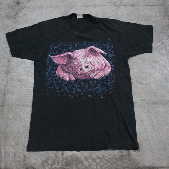 e17 90sビンテージ フルーツオブザルーム アニマルプリントTシャツ USA製 1990年代製 表記Lサイズ 黒 ブラック サイケ キャラ ...