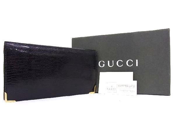 1円 極上 本物 極 GUCCI グッチ 030 0416 1215 0 リザード 二つ折り 長財布 札入れ カードケース ブラック系 ...
