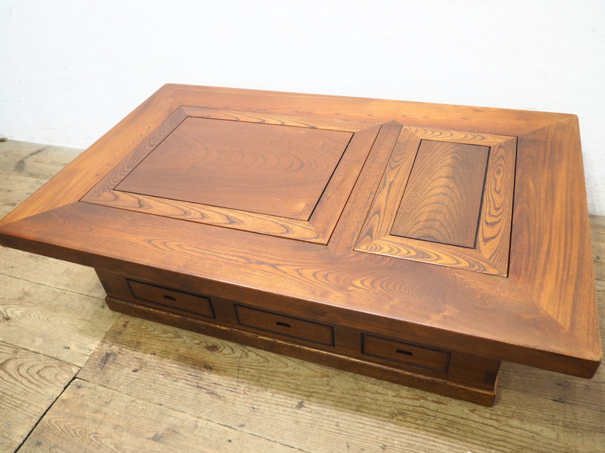 タ荷X0459 天板W120cm×D74 5cm 重厚な総ケヤキの大きな囲炉裏テーブル 欅長火鉢座卓和家具天然木ローテーブル古民家料亭M ヤC ...