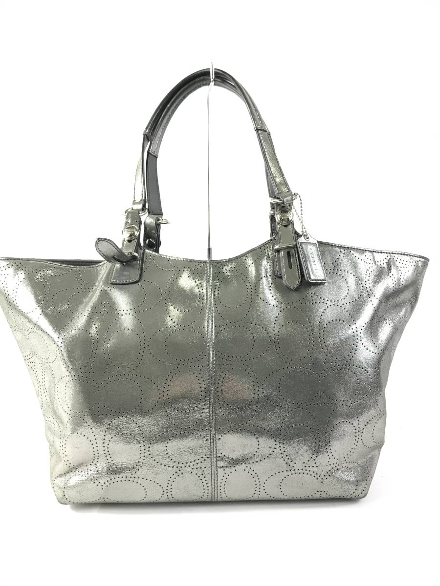 100円 COACH コーチ トートバッグ ショルダーバッグ 2way パンチング シグネチャー シルバー ブルー F17223 管TA77 ...