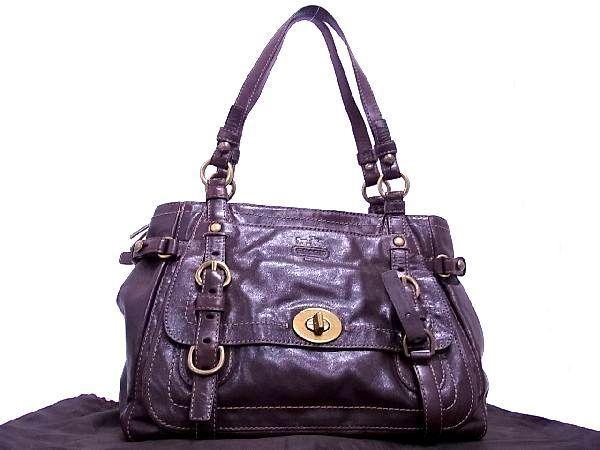 1円 COACH コーチ 12705 レザー ターンロック ハンドバッグ ショルダー トート 肩掛け レディース ダークブラウン系 ...