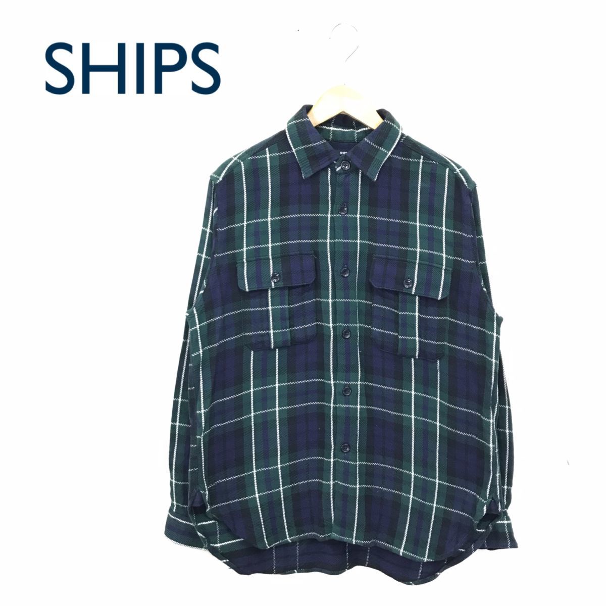 D1579-Q-N 良品 SHIPS シップス チェックシャツ 長袖 トップス sizeM メンズ コットン100% グリーン×ネイビー ...