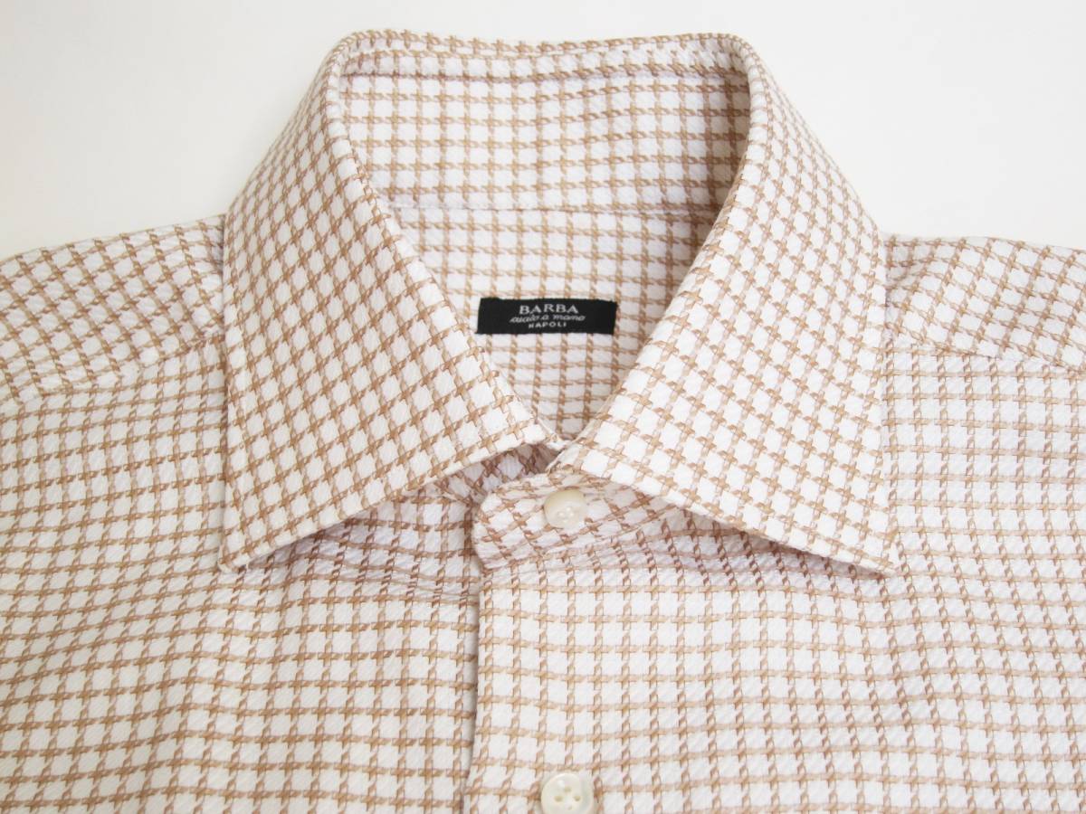 BARBA バルバ 38 15 高級ナポリ仕立て セミワイドカラー シャツ 白＋黄土色系 チェック / フライ ルイジボレッリ(長袖シャツ)｜売買されたオークション情報、yahooの商品情報を ...