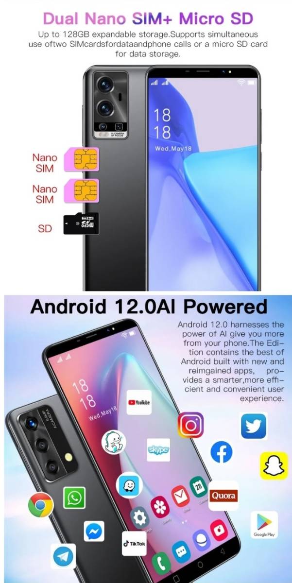 5Gスマホ A16E OS Android12 Deca Core Dual SIMフリー RAM+ROM:16+512GB Cam24+48MP 電池6800mAh 指紋 顔認証 etc ...