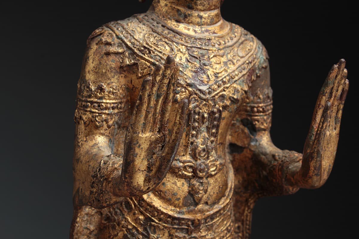 EK636 時代 タイ仏教 銅造 鍍金 タイ仏 高46.1cm 重2.4kg 銅鍍金宝冠仏立像 金銅釈尊 仏陀 佛陀 釋迦牟尼佛像(仏像 ...