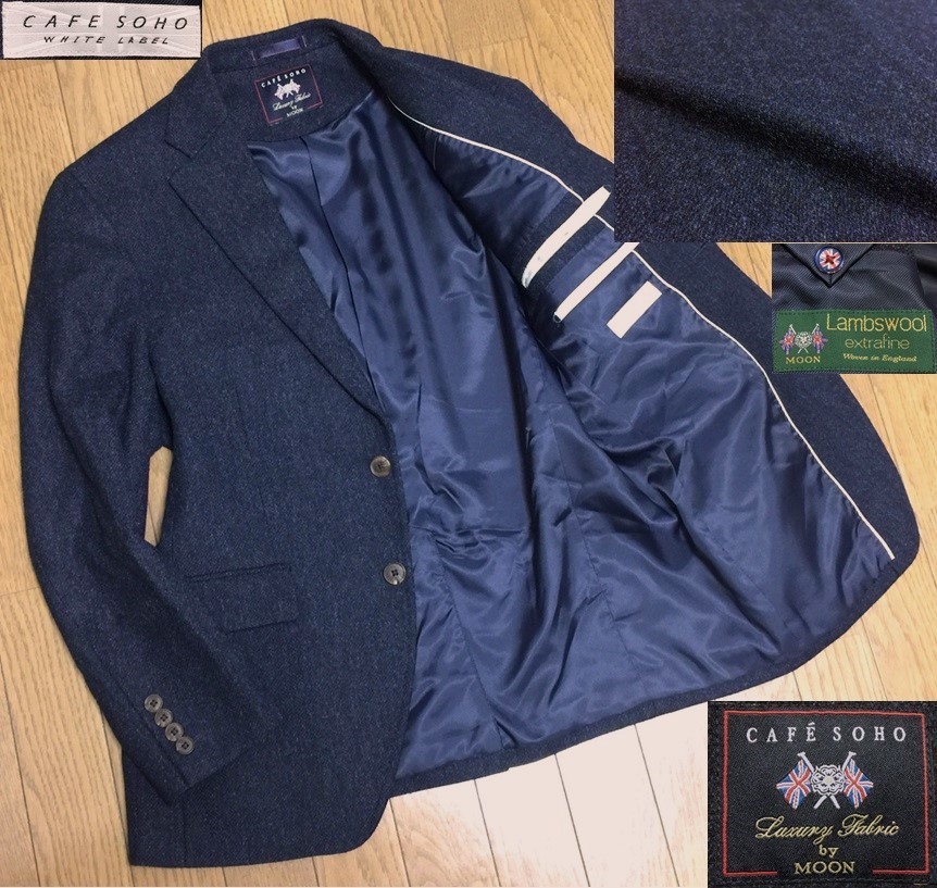CAFE SOHO WHITE LABEL カフェソーホー 英国 MOON ムーン 極上 ツイード ウール 2B ジャケット メンズ AB4 94-84-165 M位 紺 ネイビー(Mサイズ ...