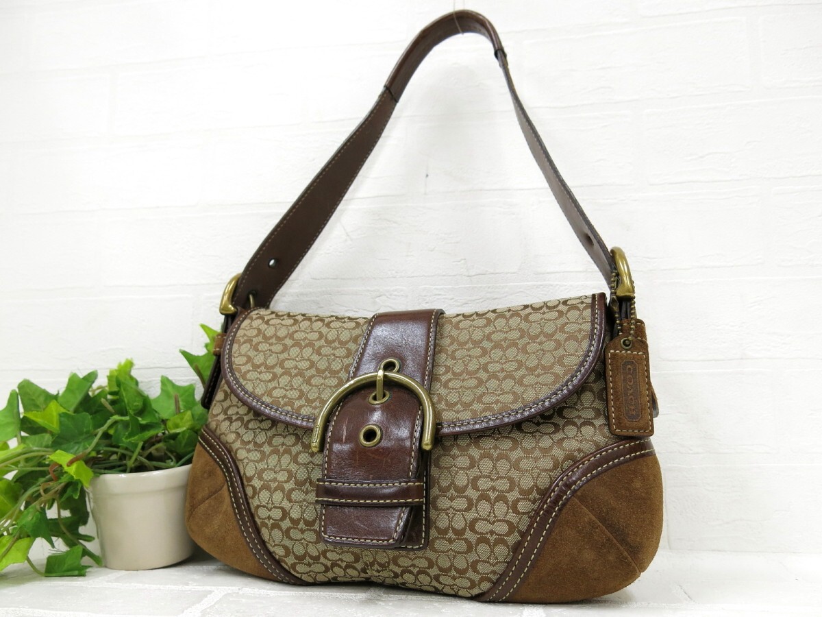 COACH コーチ ミニシグネチャー 6818 キャンバス スエード カーフ レザー ハンド ワン ショルダー バッグ ブラウン系 N9362 ...