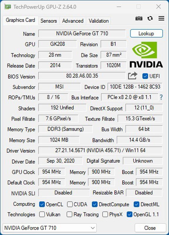 グラフィックカード 表示確認済 Win7 Win11 LINUX ロープロ MSI NVIDIA GeForce GT 710 DDR3 1024MB 64bit VGA/DVI/HDMI ...