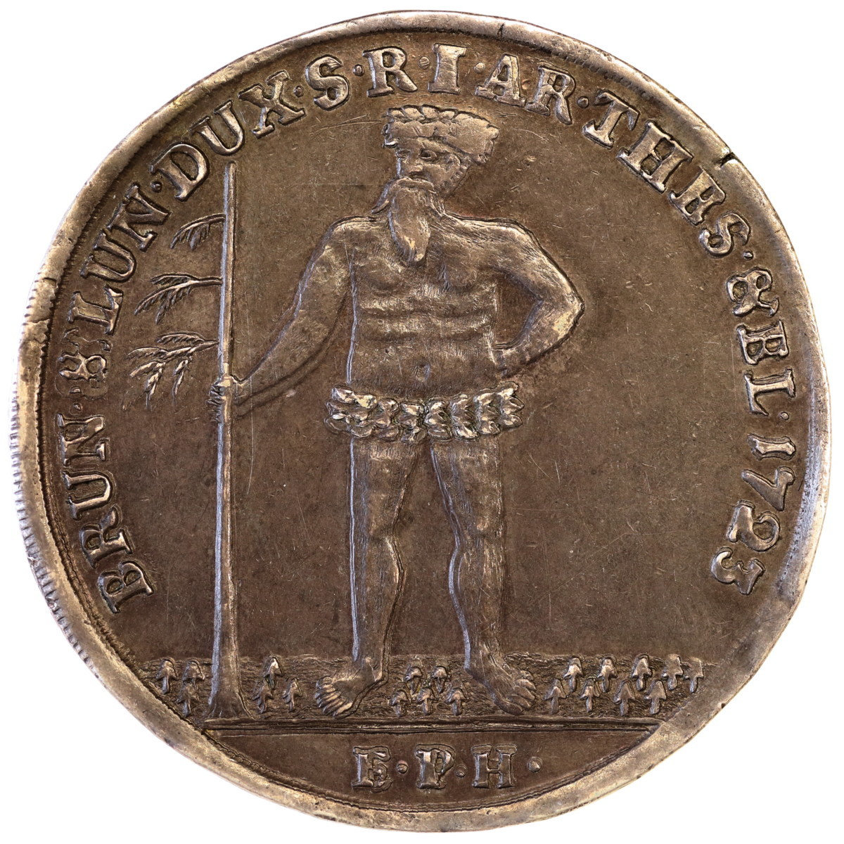 ドイツ 1723年銘 ブラウンシュヴァイク ターラー大型銀貨45mm超 野蛮人 Brunswick-Luneburg Thaler Wild ...