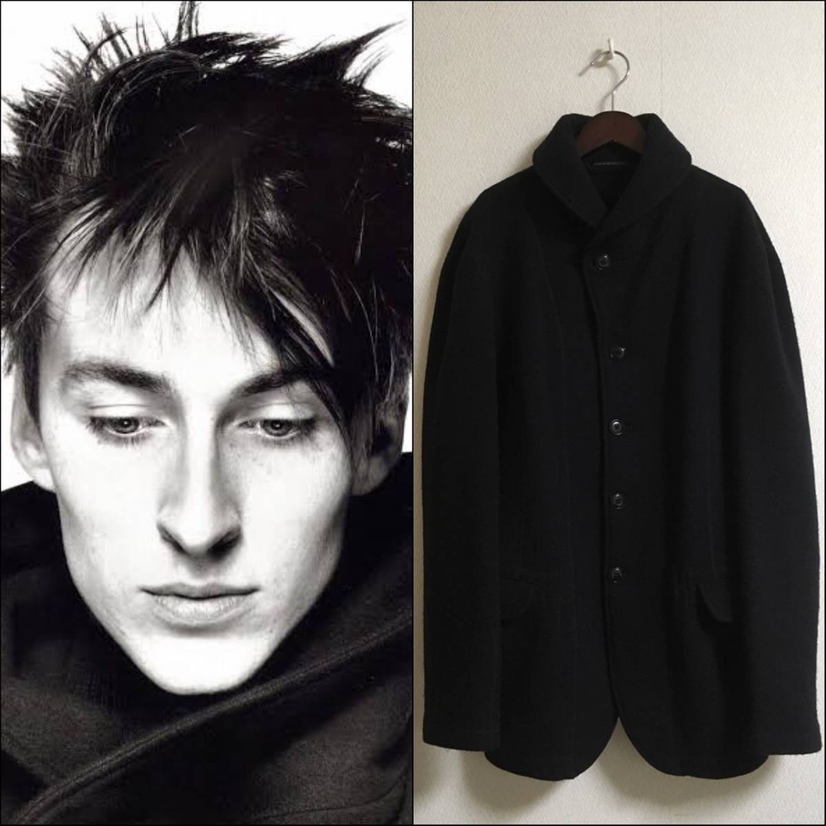 ヨウジヤマモトプールオム 10AW 4.1 THE MEN ビッグシルエットウールフラノビートルズショールカラーコート 黒 ブラック ...