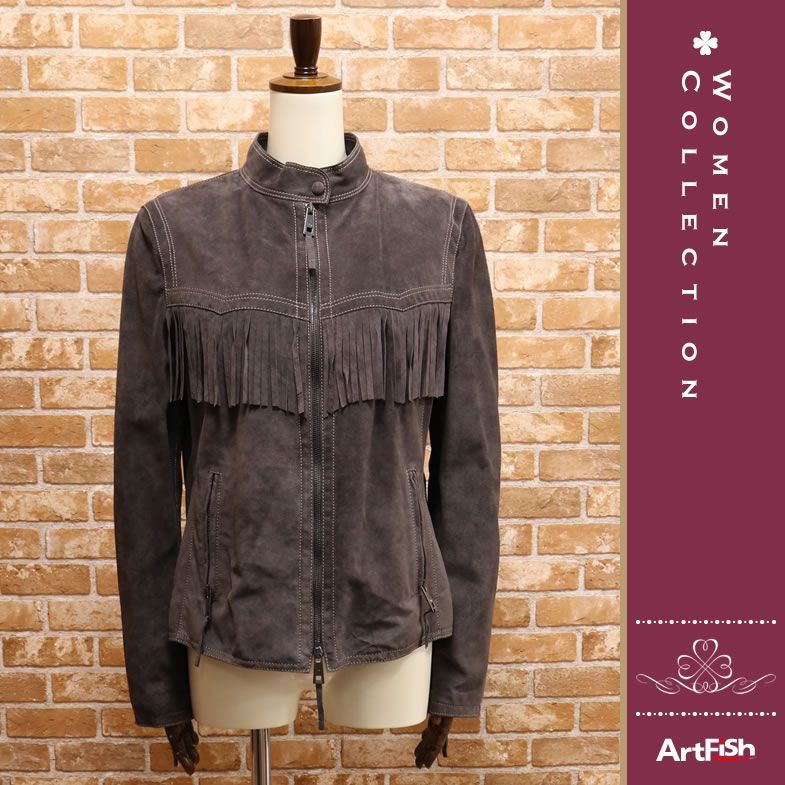 1円/秋冬/Fay/Lサイズ/レザージャケット 牛革スウェード イタリア製 バンドカラー フリンジ /茶色/ブラウン/w328/(Lサイズ ...