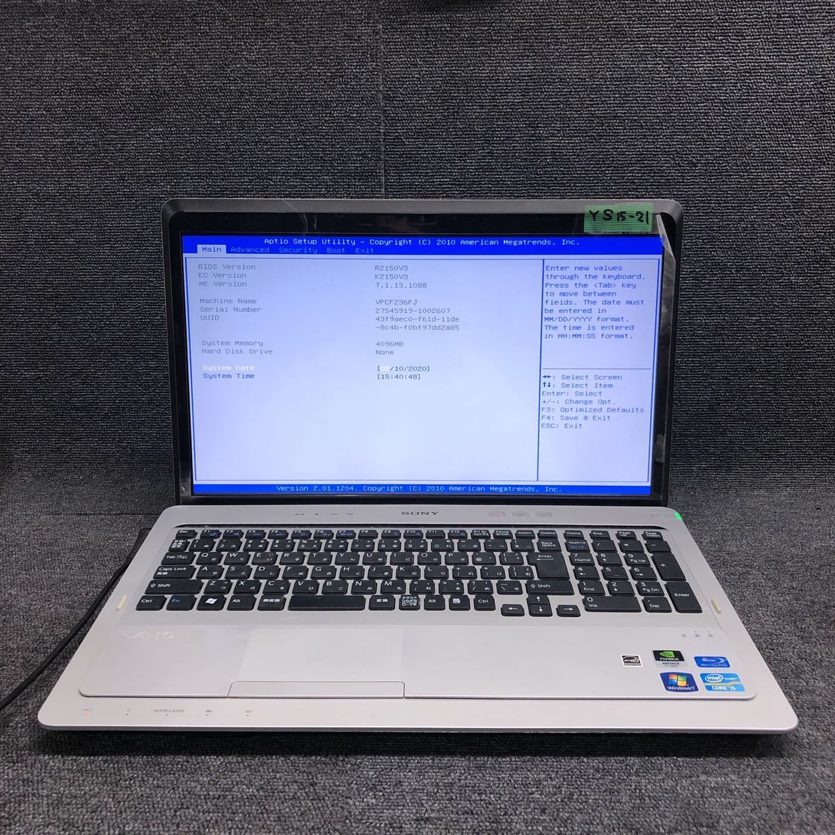 YS15-21 激安 ゲーミングノートPC SONY VAIO nVIDIA GEFORCE VPCF236FJ PCG-81412N Core i5 2430M 2.4GHz BIOS ...