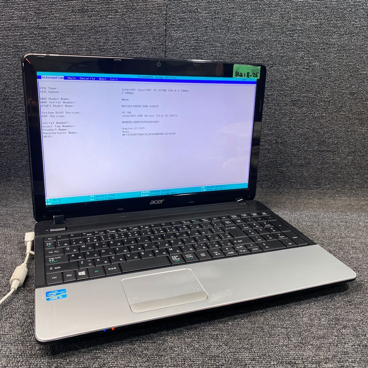 Ba18-26 激安 ノートPC acer Aspire E1-571 Core i5 3210M 2.50GHz BIOS立ち上がり確認済み ...
