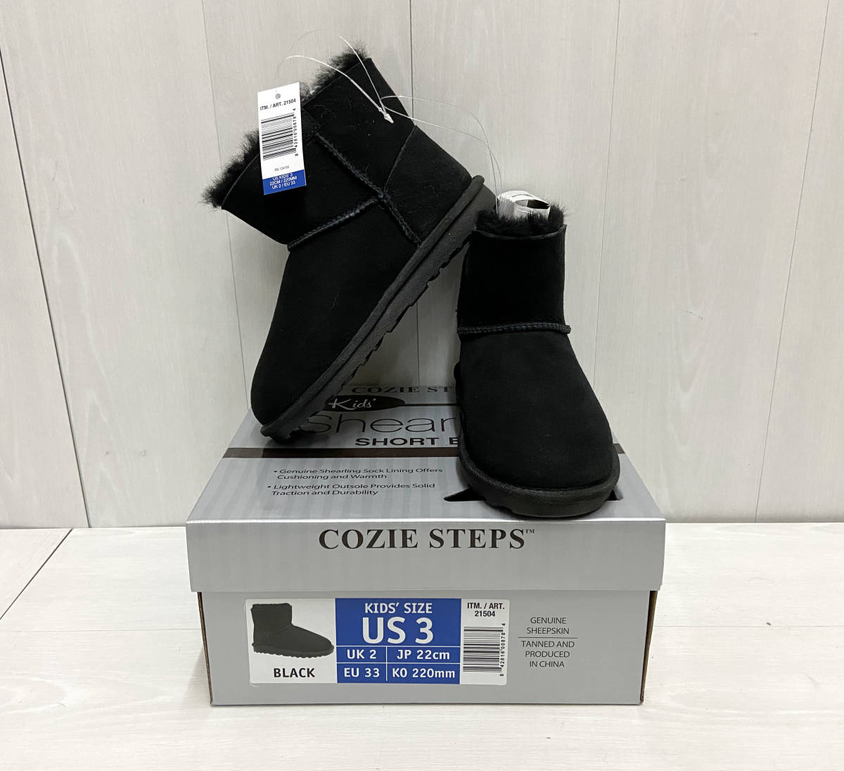 22cm コストコ ムートンブーツ ブラック キッズ ショート COZIE STEPS 羊革 黒 US-3 UK-2 SHORT ...
