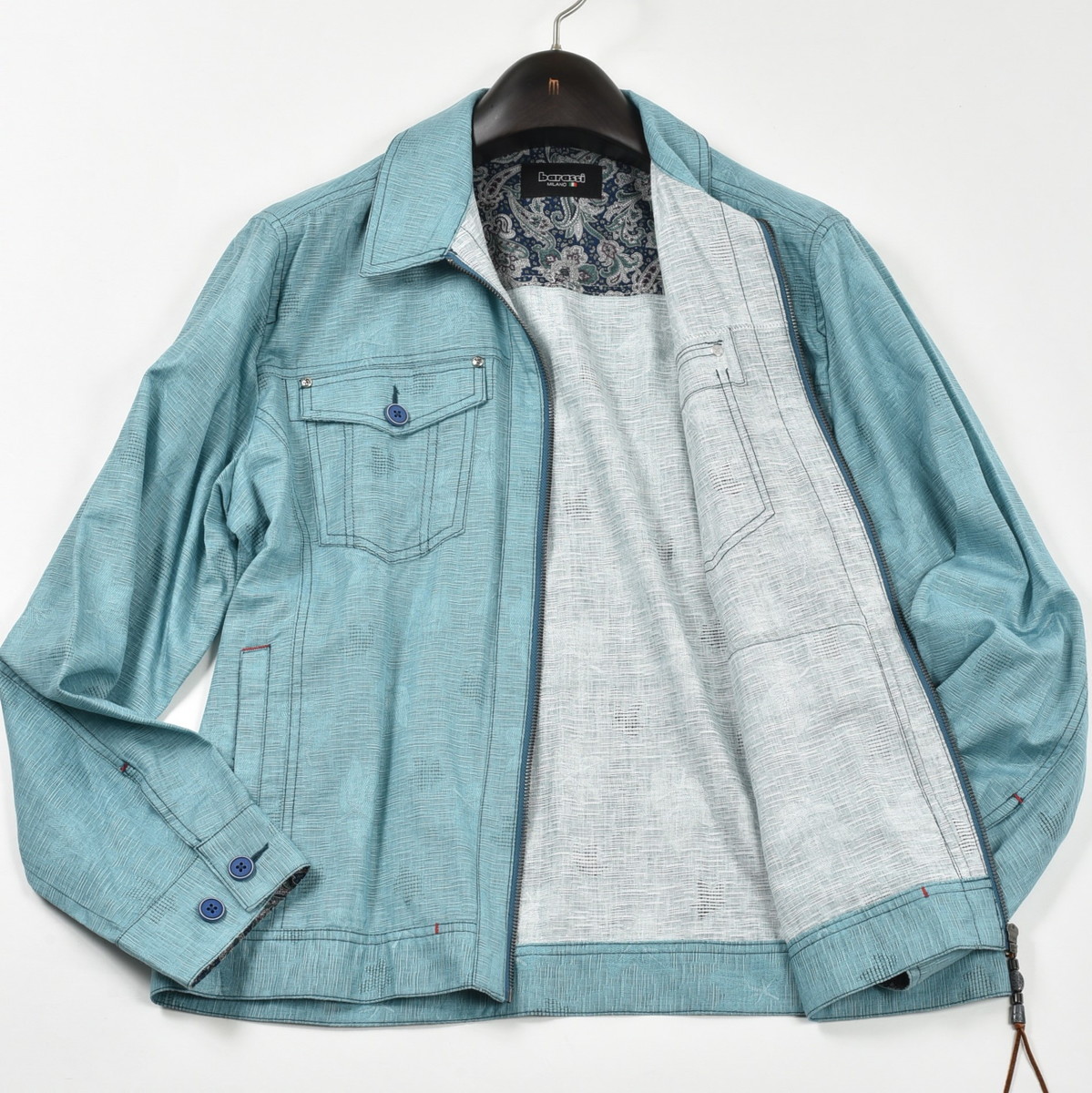 ｜barassi MIRANO バラシ ミラノ｜醸し出す大人の余裕 爽やかカラー 刺繍 麻混ジャケット Gジャン ペイズリー ブルー 50 Lサイズ相当 C98(Lサイズ)｜売買された ...