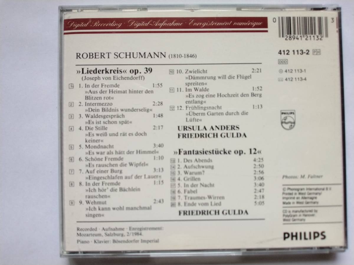 CD SCHUMANN LIEDERKREIS FANTASIESTUCKE FRIEDRICH GULDA URSULA ANDERS ...