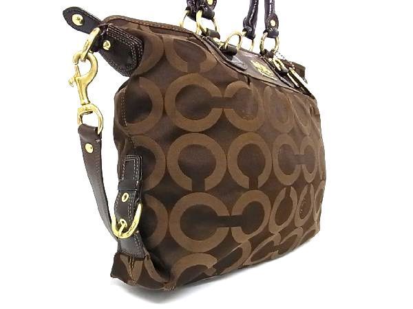1円 COACH コーチ 12963 オプアート キャンバス×レザー ゴールド金具 2WAY ハンドバッグ ショルダーバッグ 肩掛け ブラウン ...