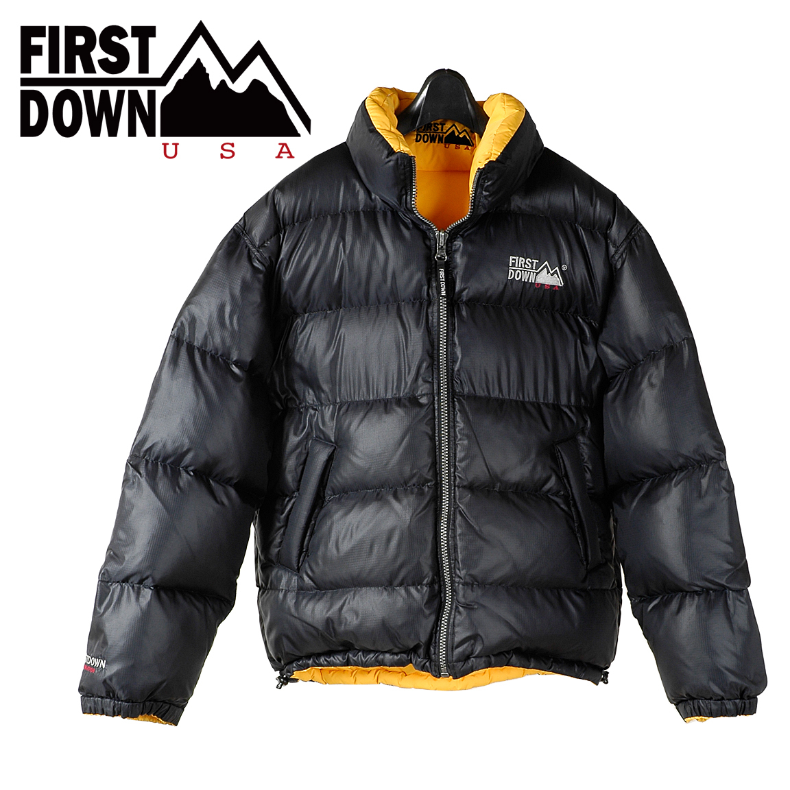 322-51 FIRST DOWN USA/ファーストダウンUSA メンズ リバーシブル ダウンジャケット L ブラック×イエロー(Lサイズ ...