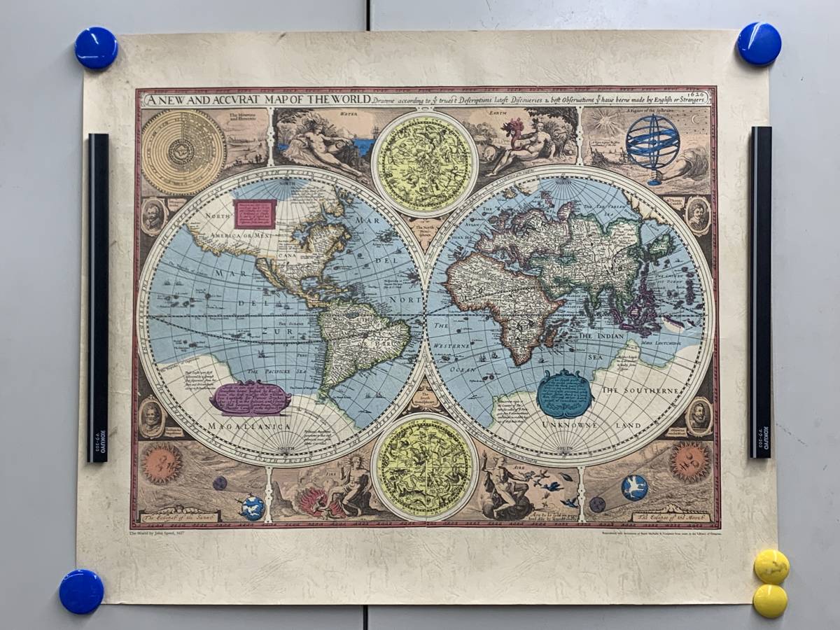 B-3-69 当時物 1627年 A NEW AND ACCVRAT MAP OF THE WORLD ポスター 世界地図 マップ John ...