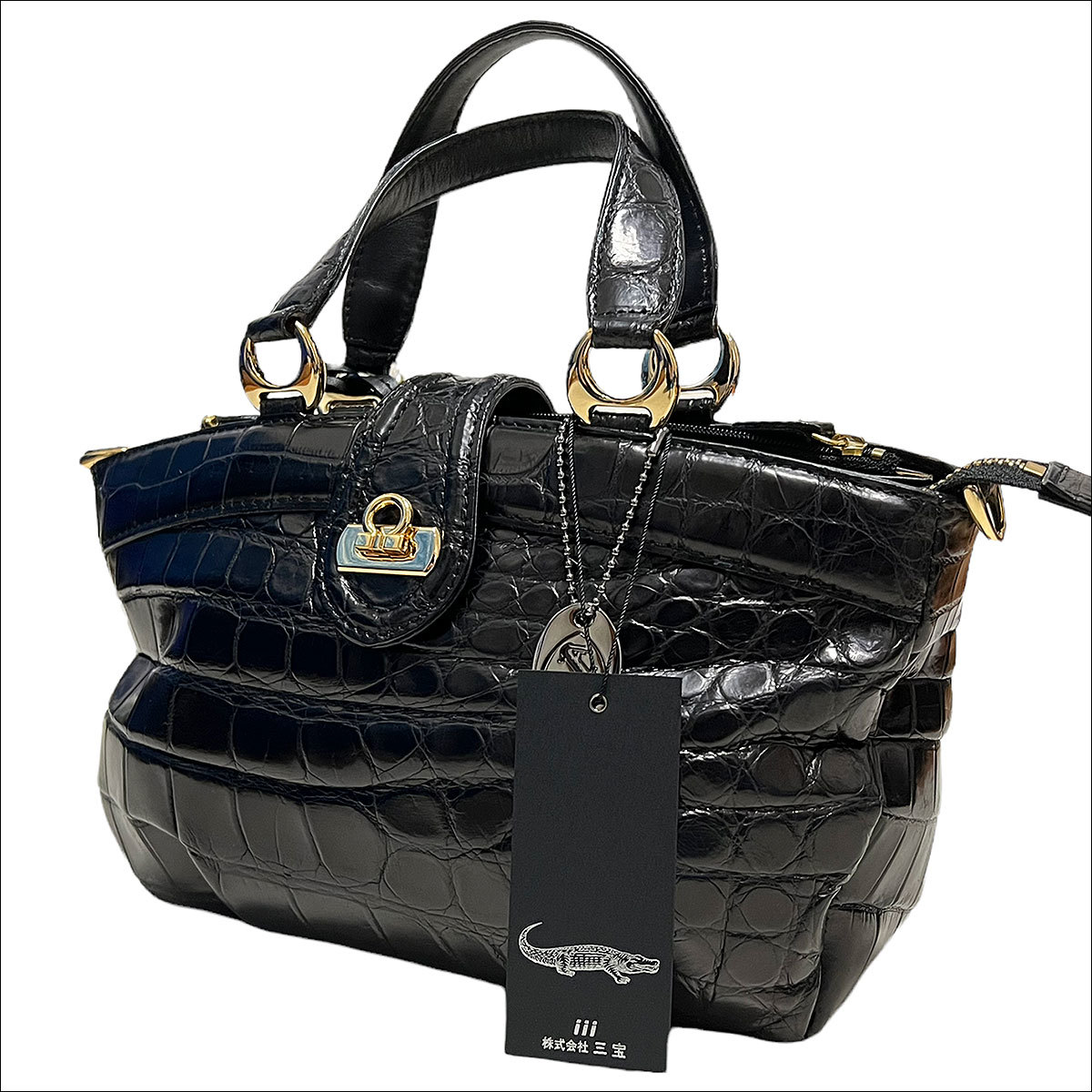 1スタ Cocco Cristallo 三宝 JRA クロコダイル ワニ革 ハンドバッグ ゴールド金具 ブラック genuine crocodile J7190(クロコダイル)｜売買された ...