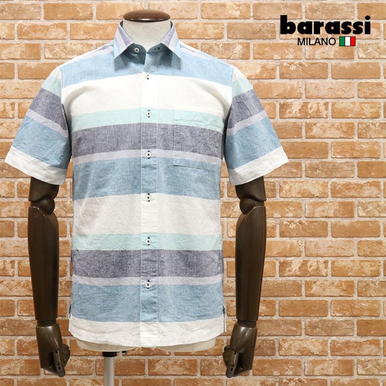 1円 春夏/barassi MILANO/50 XL サイズ/清涼シャツ フランス産リネン麻 ドライ ボーダー 胸ポケット 半袖 国産 /青×緑/cy610/(XLサイズ以上)｜売買された ...