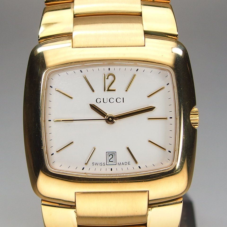 GUCCI グッチ 8500M QZ GP ホワイトダイアル SWISS MADE 純正ブレス デイト メンズ 腕時計 18563(男性用 ...