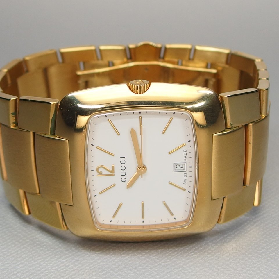 GUCCI グッチ 8500M QZ GP ホワイトダイアル SWISS MADE 純正ブレス デイト メンズ 腕時計 18563(男性用 ...