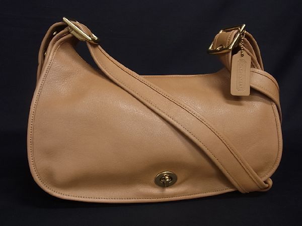 1円 COACH コーチ 9338 レザー ターンロック ショルダー クロスボディバッグ 肩掛け 斜め掛け レディース ベージュ系 ...