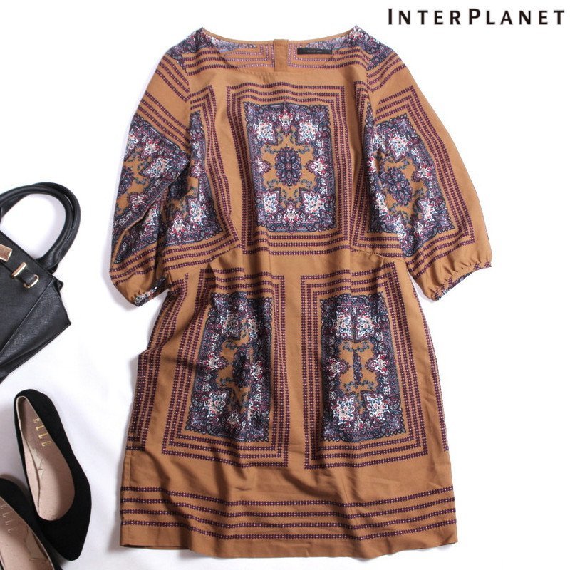 インタープラネット INTERPLANET 上品 アンティーク スカーフ柄 フラワー 七分袖 シフォンワンピース 02 M 9号 ブラウン(ワンピース)｜売買されたオークション情報、yahoo ...