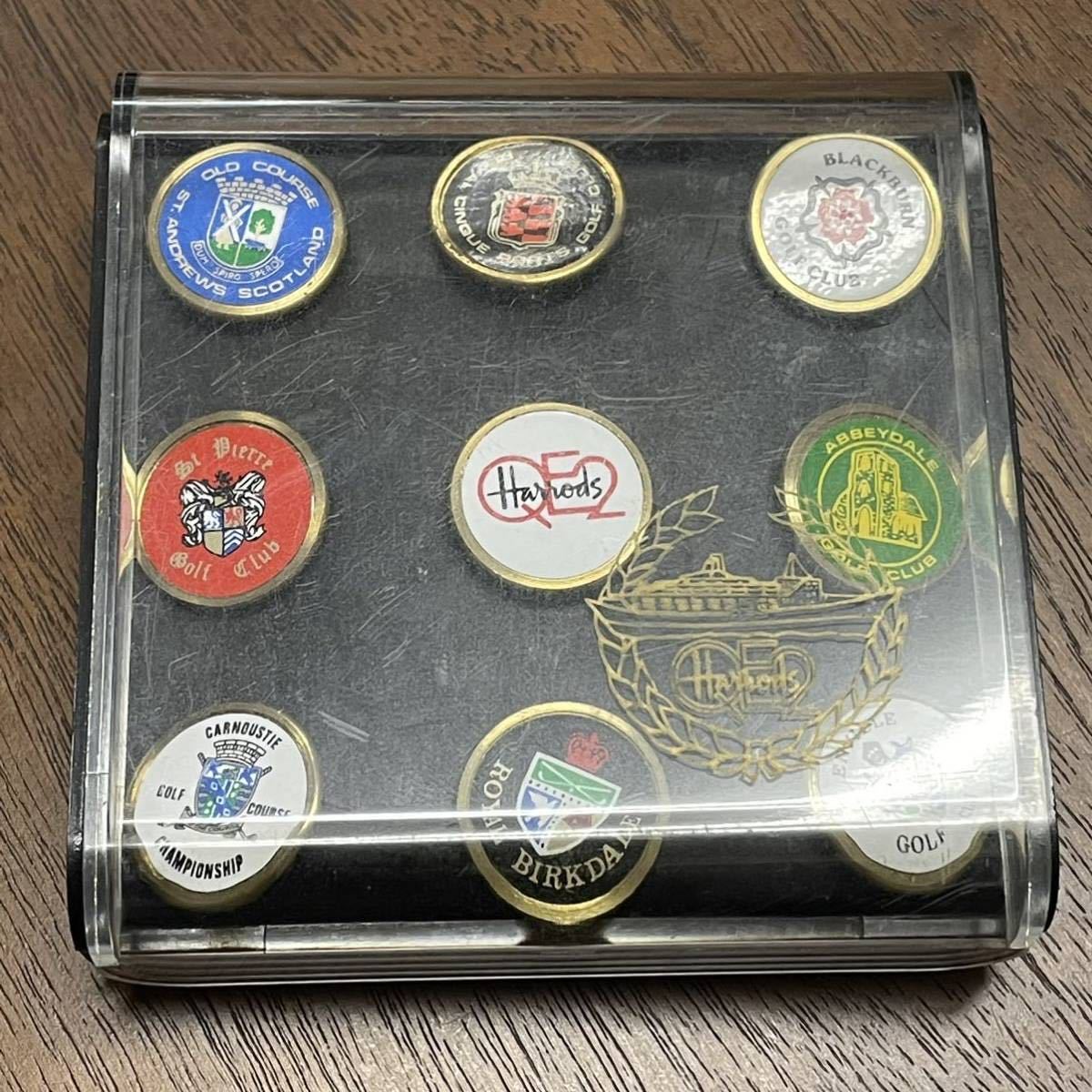 Harrods QE2 ゴルフマーカー ハロッズ クィーンエリザベス2 ケース付き 9個入り 長期保管品 ゴルフグッズ コレクション イギリス ...
