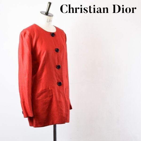 SS A1807 高級 Christian Dior ディオール レトロデザイン ノーカラー カーディガンジャケット レッド レディース サイズ9 リネン100(Mサイズ)｜売買された ...