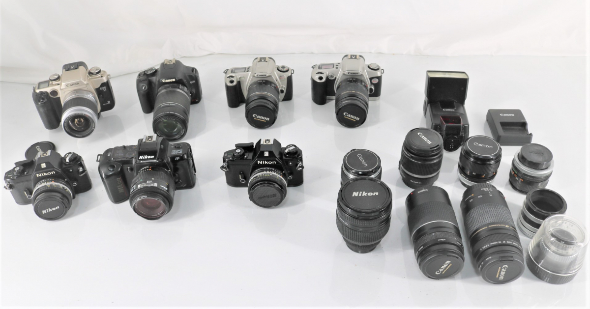ト滝 Canon Nikonカメラ7台まとめ EOS kiss X2 EOS55 F-401 望遠レンズ付 キャノン ニコン ...