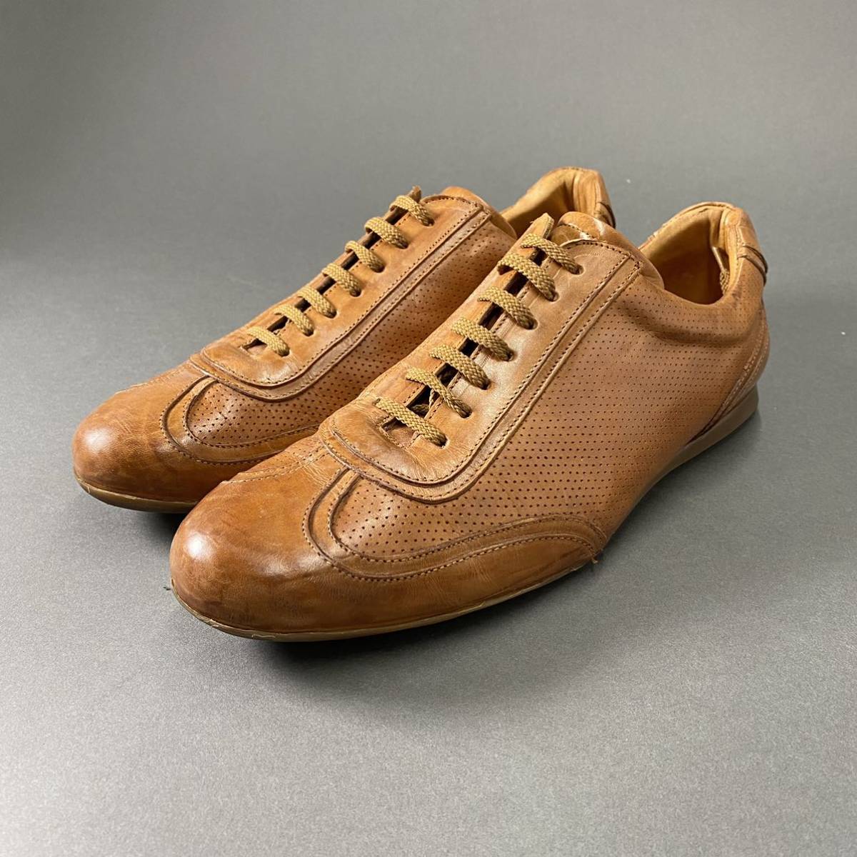 Eb16 イタリア製 PRIMA MODA プリマモーダ レザーシューズ ローカットスニーカー キャメル 42 26cm相当 メンズ 紳士靴 ...