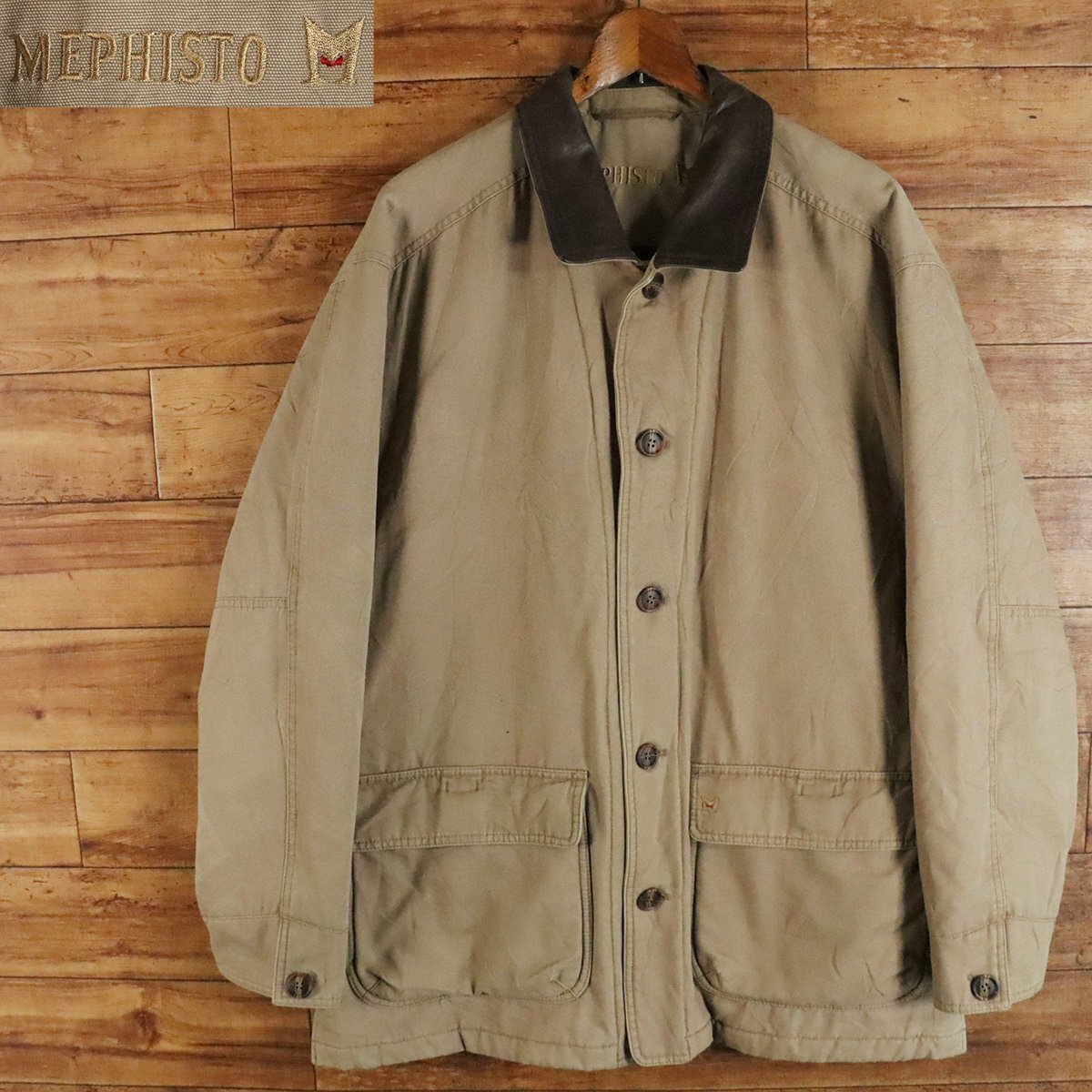 J9J/Y3.11-5 ドイツ古着 MEPHISTO メフィスト コットン ハンティングジャケット 中綿 襟レザー Gr.52 ベージュ ...