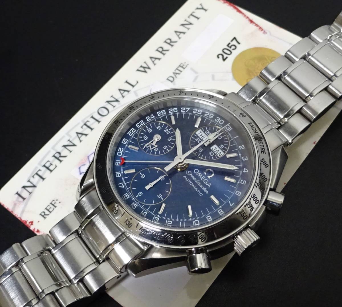 2018年11月OH済 OMEGA オメガ スピードマスター トリプルカレンダー 3523.80 ブルー 自動巻 国際保証書あり 純正箱あり ...