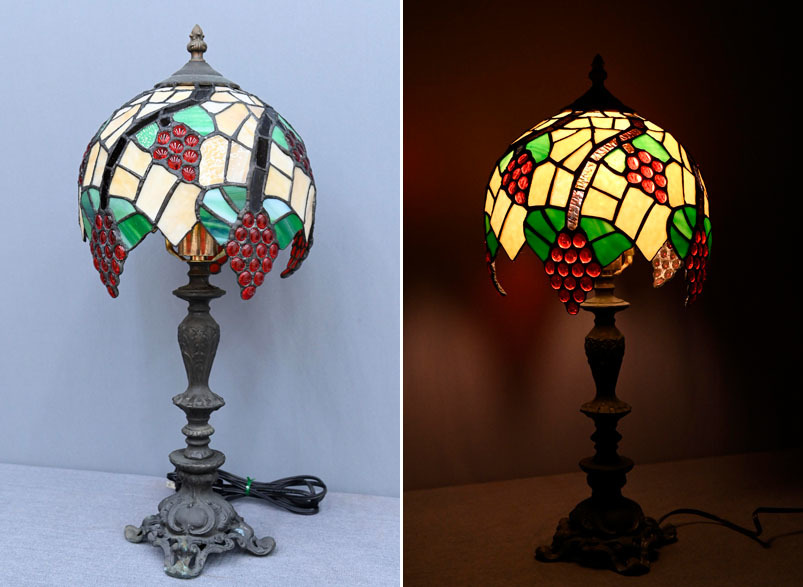 LF04 アンティーク 古い 真鍮製 銅器 ステンドグラス 葡萄 卓上照明 ステンドランプ 卓上ライト 置物 オブジェ インテリア 上級品 ...