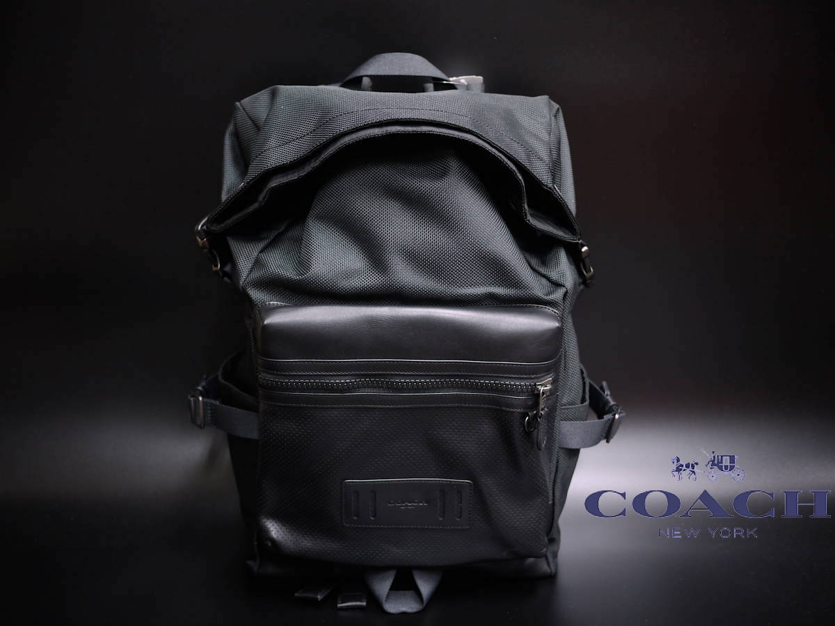 国内発送 正規本物 COACH コーチ ROLL TOP BACKPACK 上質レザー ロールトップ バックパック リュック 黒 ...