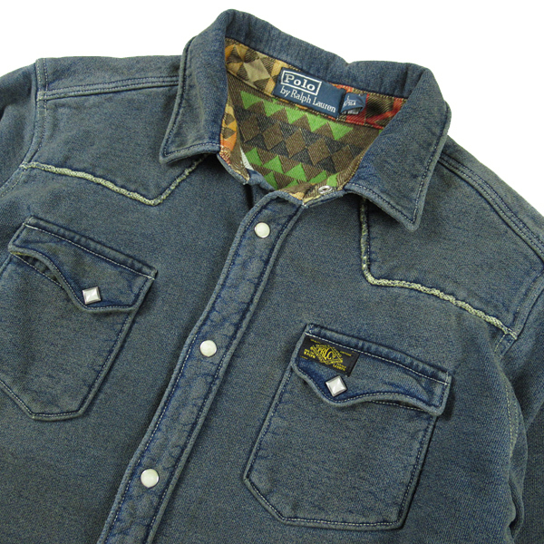 111818 Polo Ralph Lauren ポロラルフローレン スウェット素材 ネイティブ柄裏地 ユーズド加工 ウエスタンシャツ L(L ...