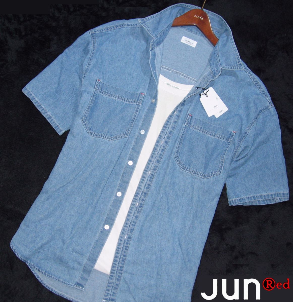 3XL-4XL相当 ビッグシルエット ジュン JUN Red ライトオンスデニム 半袖シャツ デニム半袖シャツ ライトインディゴ SAX(XL ...