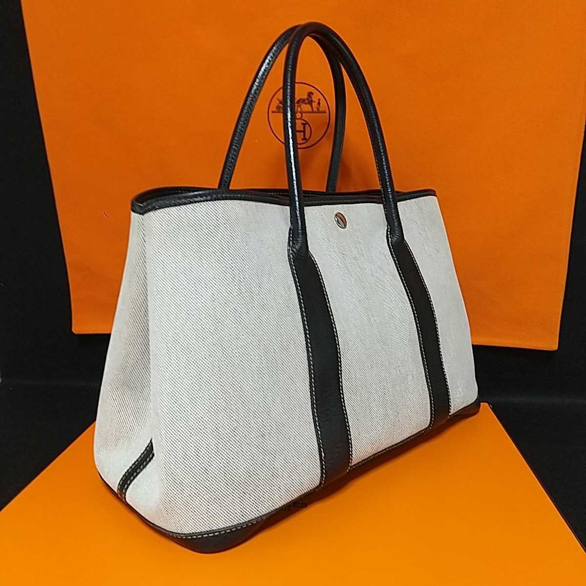1円 本物 HERMES エルメス ガーデンパーティ PM ガーデンパーティー トワルアッシュ×レザー グレー×ブラック G 198(かばん、バッグ)｜売買されたオークション情報、yahooの ...