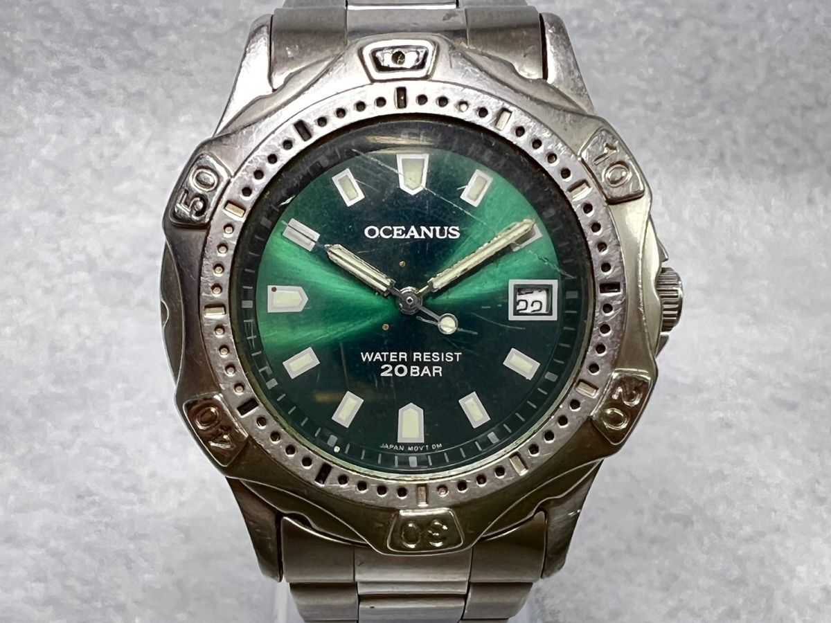 H245-O19-1179 CASIO OCEANUS カシオ オシアナス OC-700 デイト ダイバー 20BAR クオーツ グリーン文字 ...