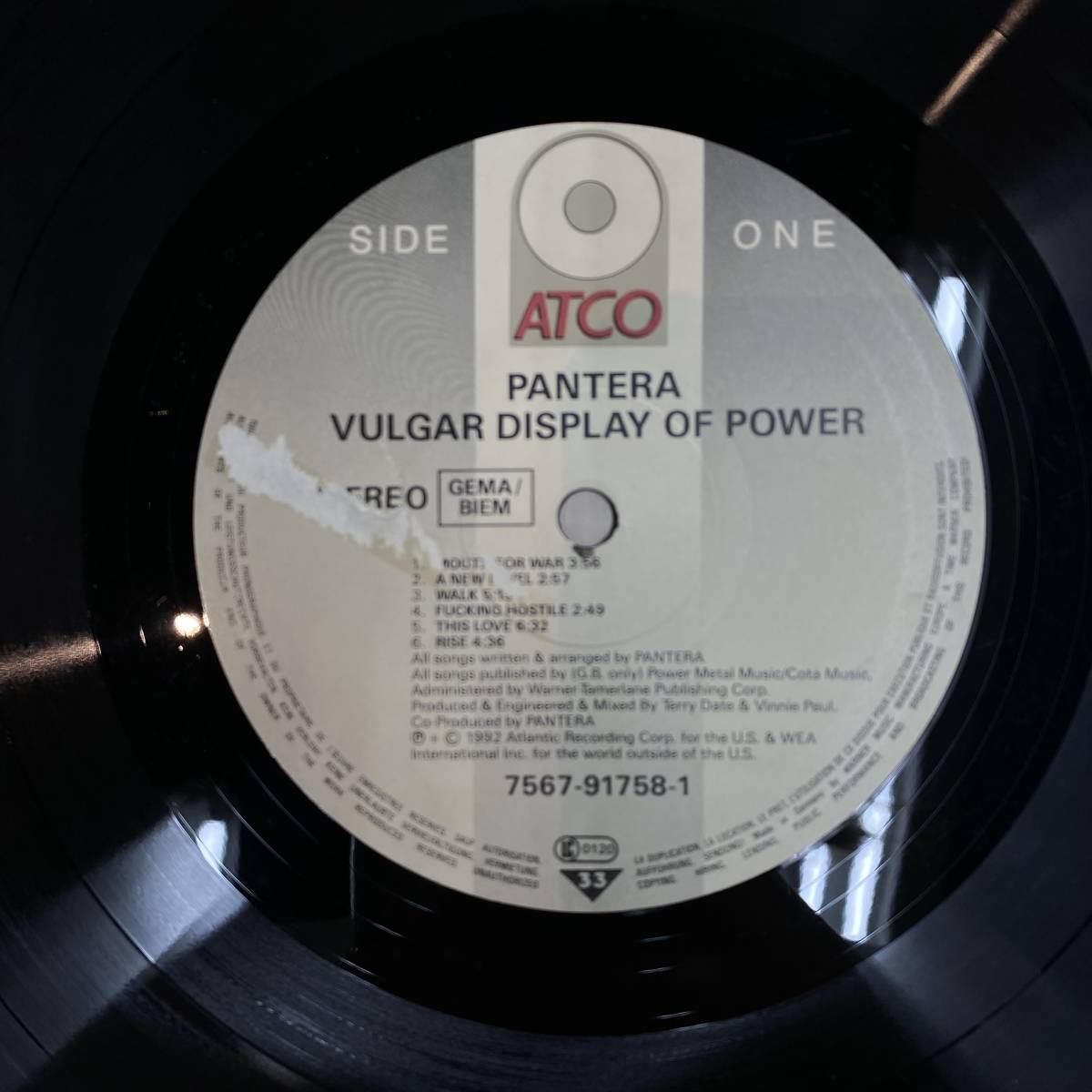 EU original / PANTERA / VULGAR DISPLAY OF POWER / LP / 7567-91758-1 ラベルにダメージあり 検 俗悪 METAL ...
