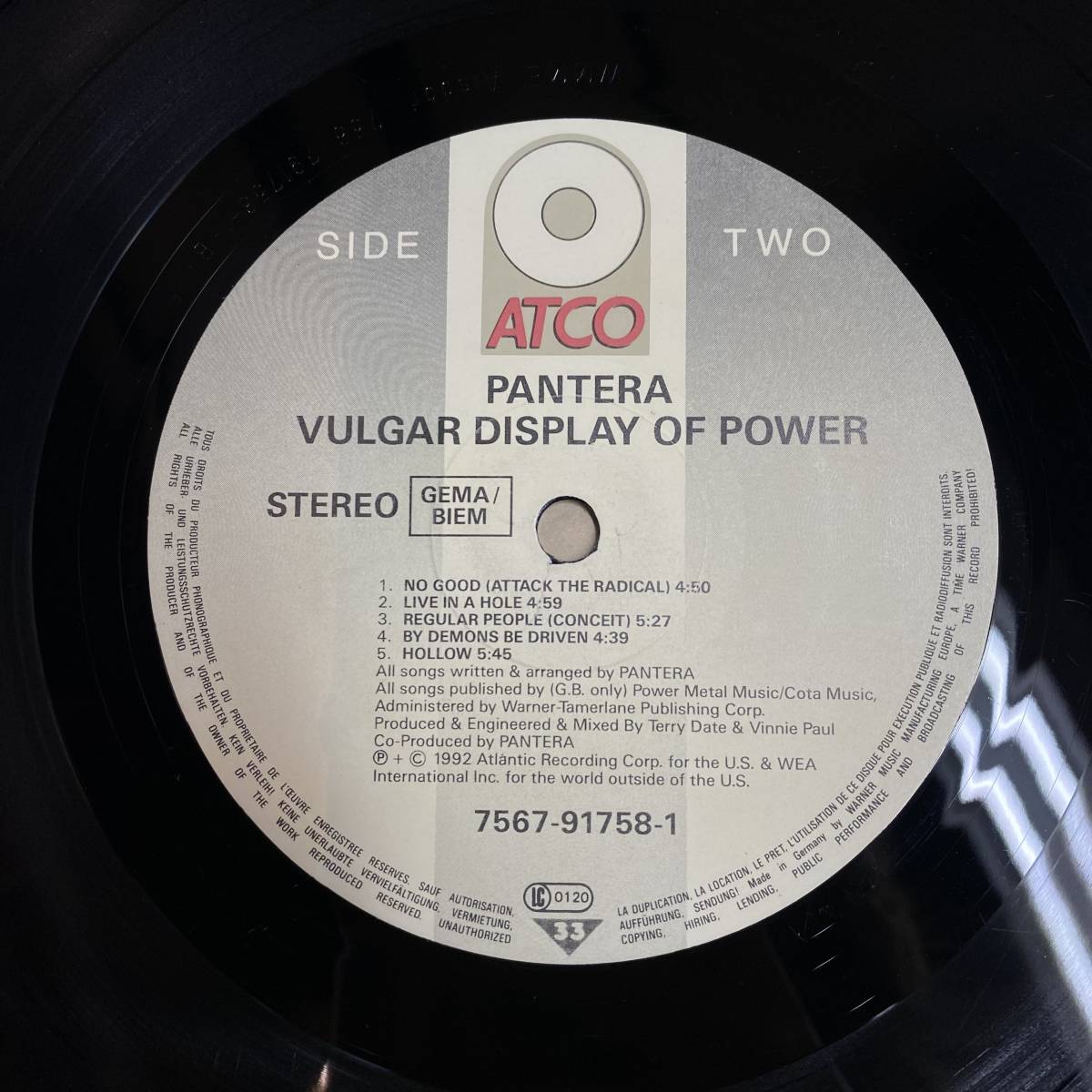 EU original / PANTERA / VULGAR DISPLAY OF POWER / LP / 7567-91758-1 ラベルにダメージあり 検 俗悪 METAL ...