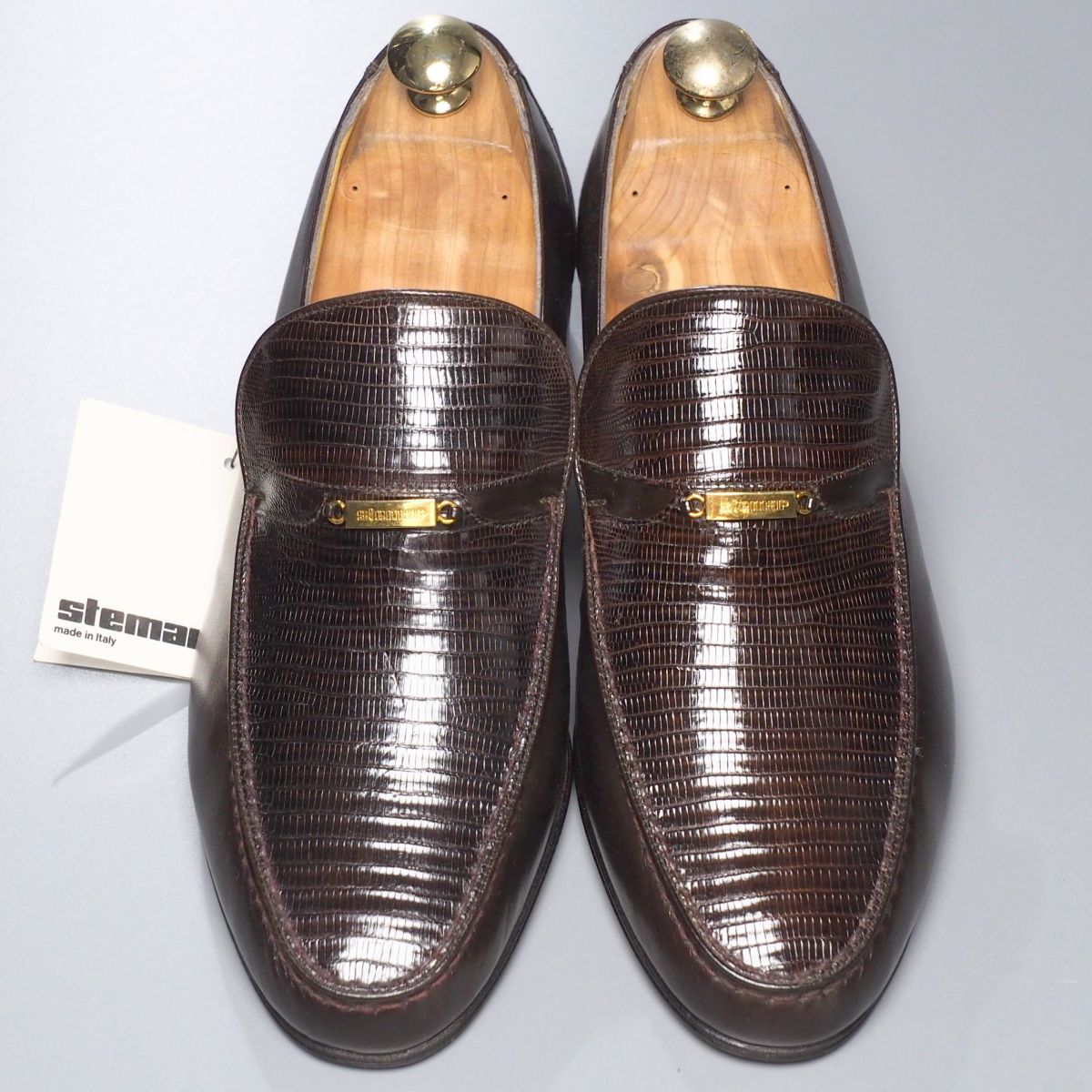 GN0359//デッドストック/イタリア製 ステマー/stemar メンズ5/本リザード革/メタル装飾/モカシンローファー/レザースリッポン ...