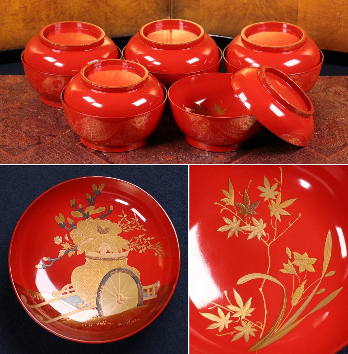 CE6 能登輪島塗 花車文様金銀蒔絵 朱塗煮物椀五客 天然木製漆器 漆芸 伝統工芸品 高盛梨地切金細密 草花 吸物汁飯菓子椀 茶懐石道具宴席(椀)｜売買されたオークション情報、yahooの商品 ...