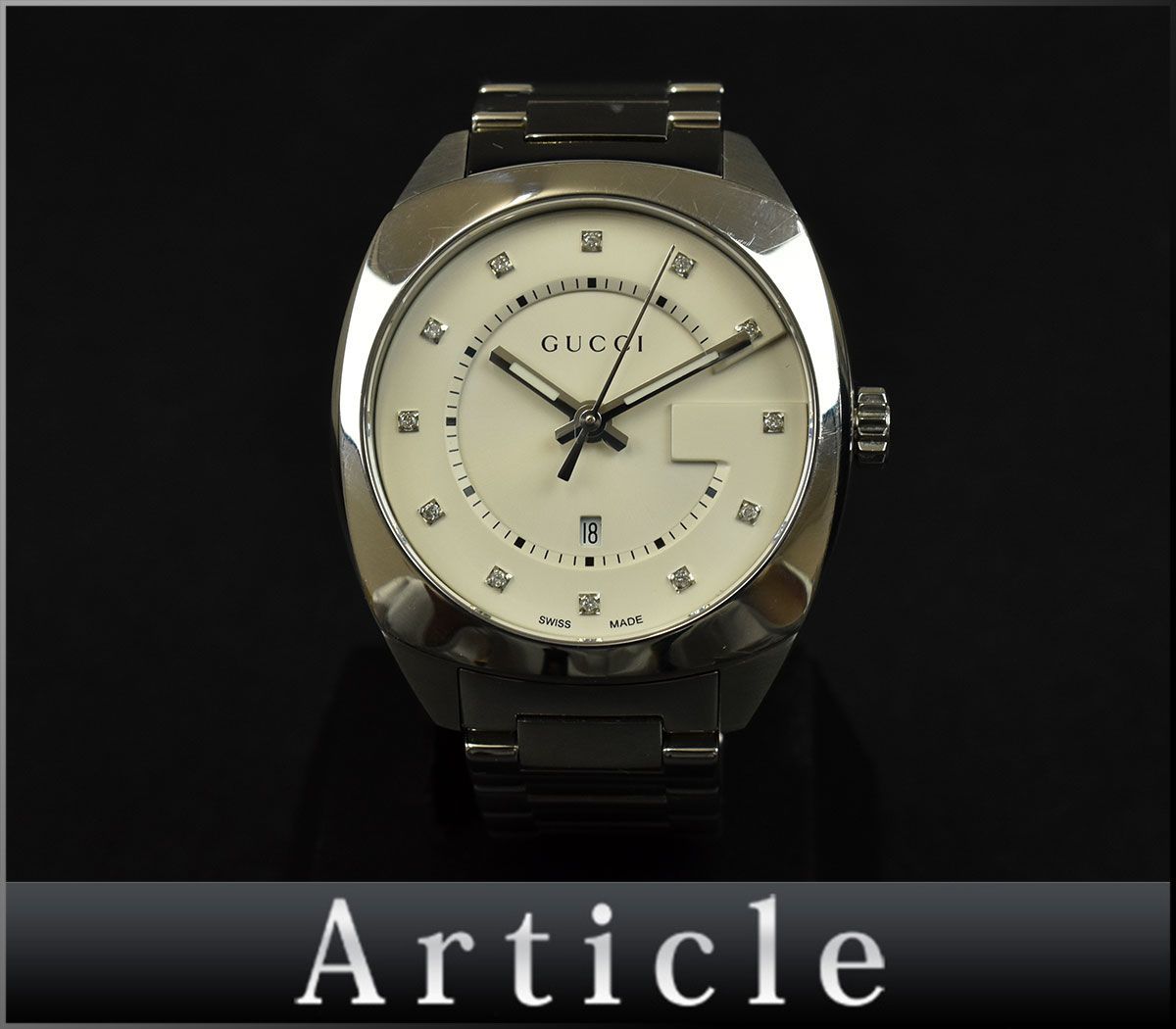 147687 GUCCI グッチ メンズウォッチ 腕時計 クォーツ デイト 142.4 SS 12Pダイヤ アイボリー シルバー レディース/ D(男性用)｜売買されたオークション情報 ...
