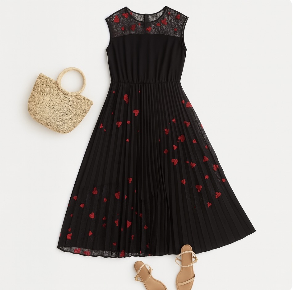 100円H994@ Diagram ダイアグラム レース×プリーツワンピース ハート刺繍 ノースリーブ シアー切替 上品フェミニン ブラック ...