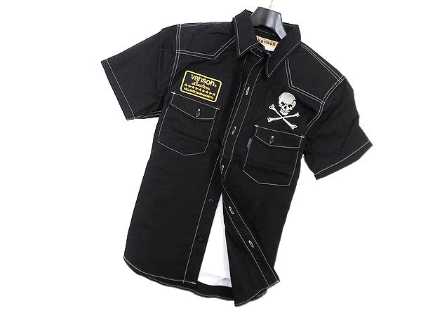 VANSON バンソン スカル スタッズ バック刺繍 ワッペン付き コットン 半袖 ワークシャツ 黒 M ka0606-27-1(トップス ...