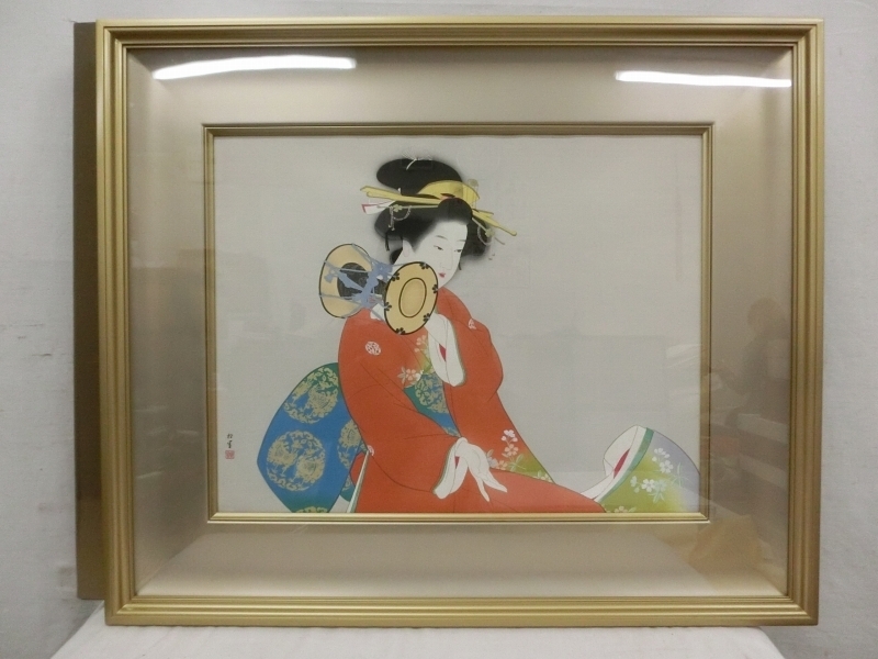 E0810 上村松園 鼓の音 美人画 木版画 額装 49/200 アダチ版画(木版画)｜売買されたオークション情報、yahooの商品情報を ...